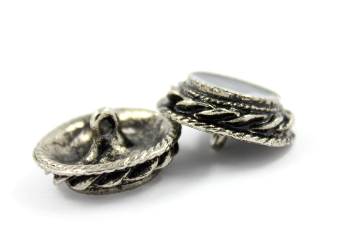 Metal Buttons Black Enamel Roped Flat Cone Retro Silver - Etsy