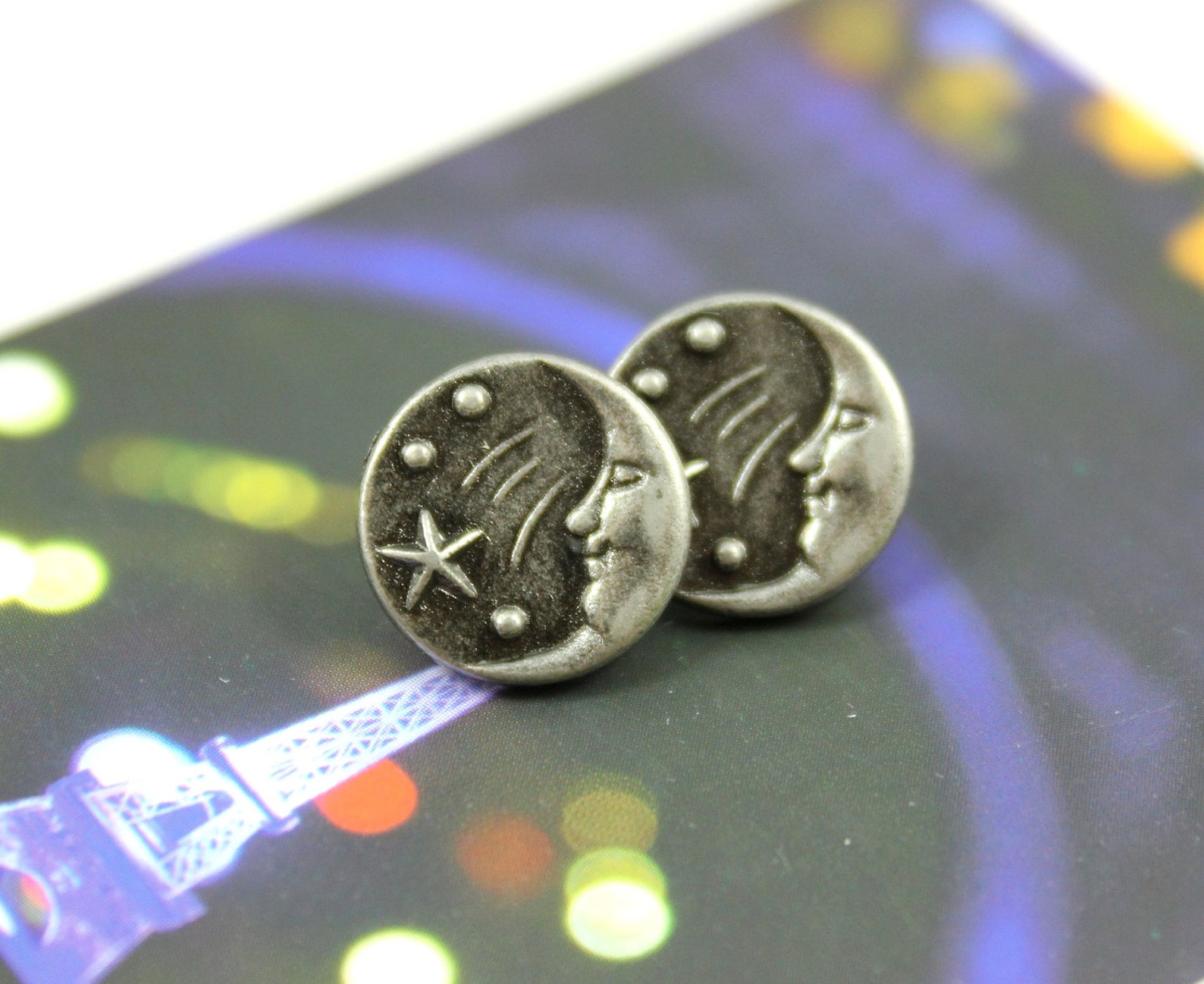 10 Moon and Star Metal Buttons , Gray Silver Color , Shank , 0.43 Inch ...