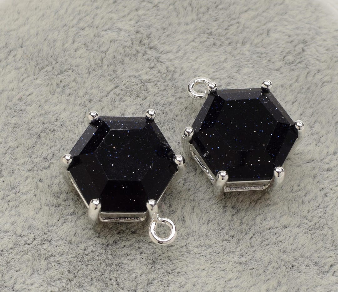 2 Hexagonal Blue Galaxy Crystal Glass Pendant, 18mm, Silver Plated Over ...