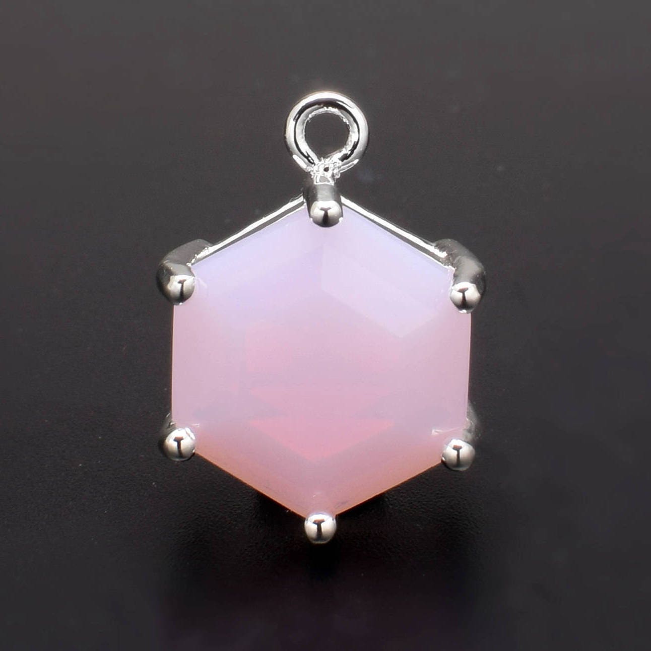 2 Hexagonal Ice Pink Crystal Glass Pendant 18mm Silver Etsy Uk