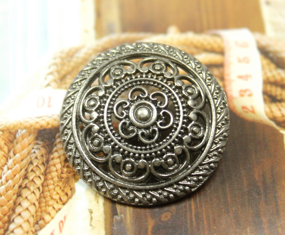 6 PCS Lacework Filigree Metal Buttons , Gray Silver Color , Shank , 1. ...