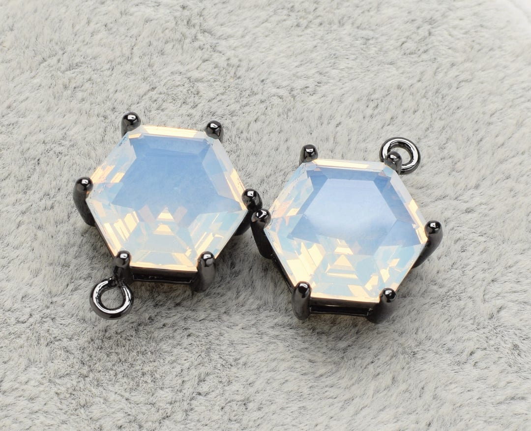 2 Hexagonal White Opal Crystal Glass Pendant, 18mm, Black Color Plated ...