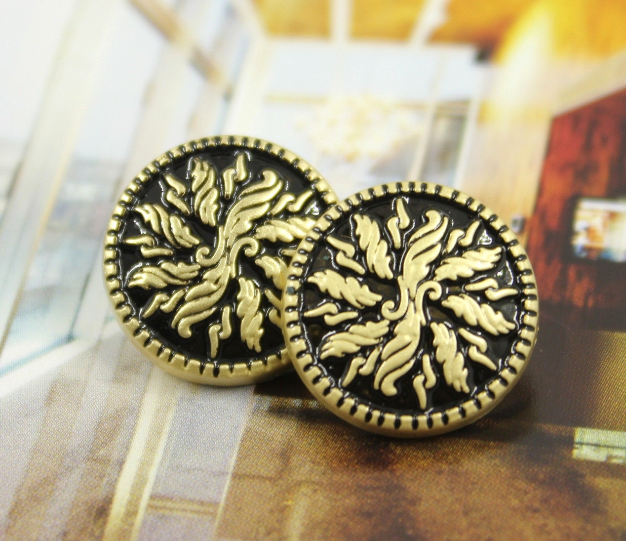 Metal Buttons - Gold Sun Metal Buttons , Black Enamel , Shank , 0.71 ...