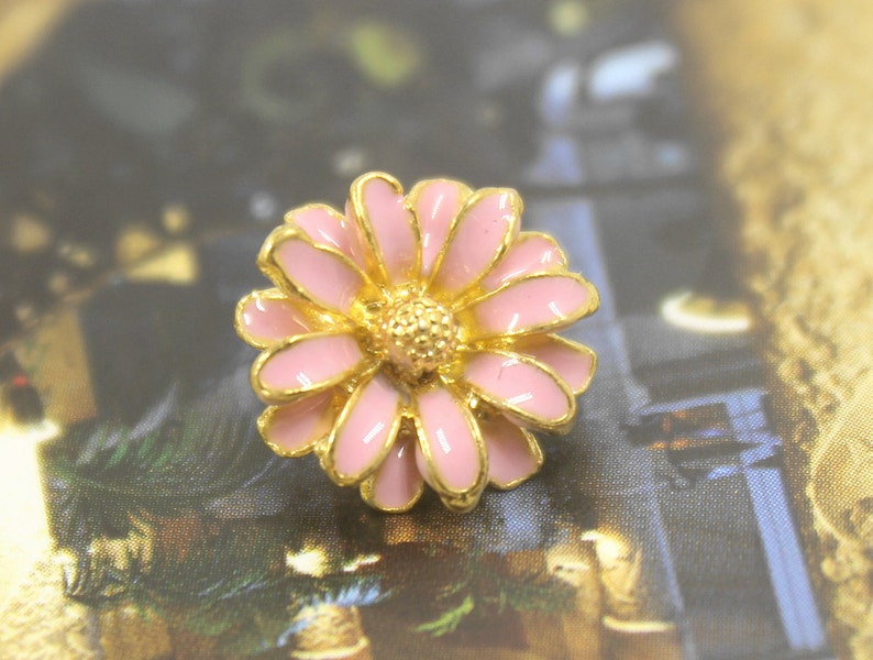 Metal Buttons - Pink Enamel Daisy Metal Buttons , Gold Color , Shank ...