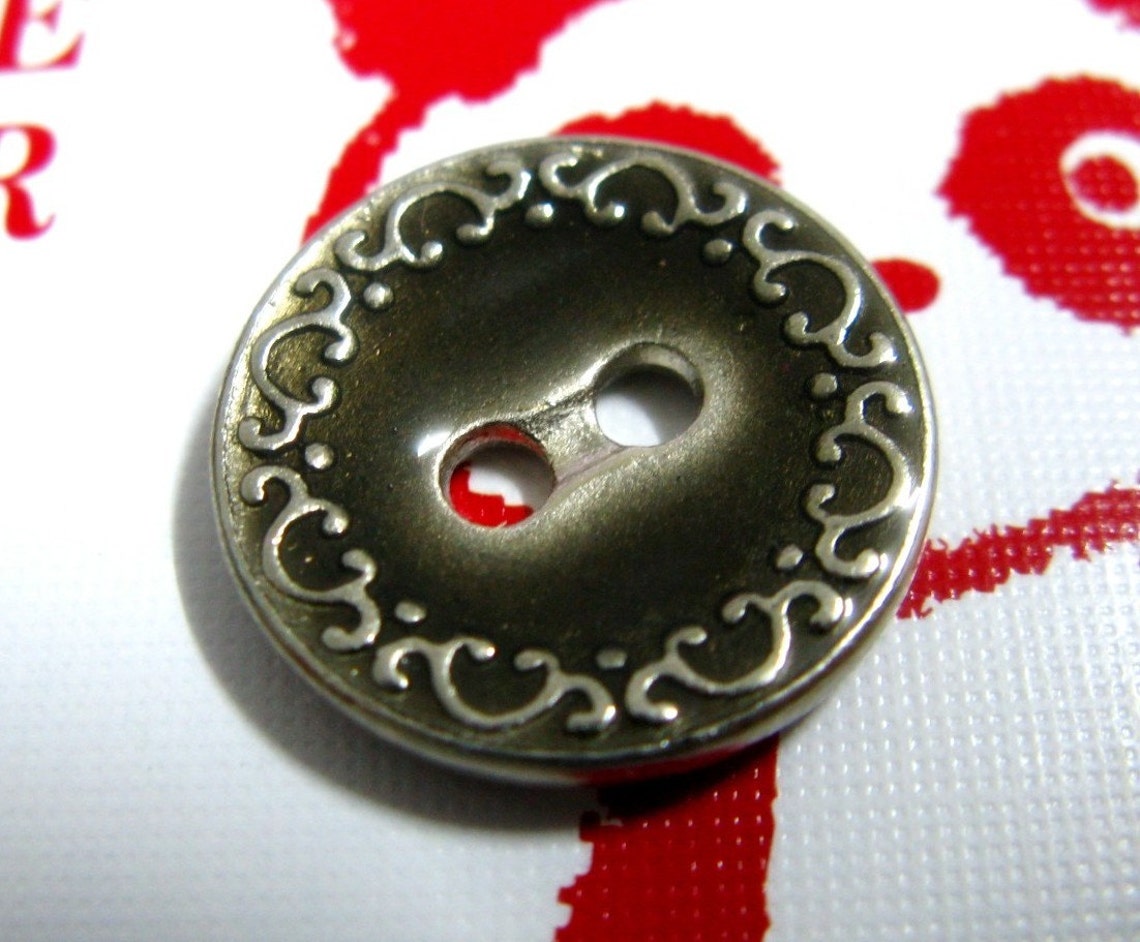 Metal Buttons - Misty Gray Enamel Buttons With Silver Scrollwork Border ...