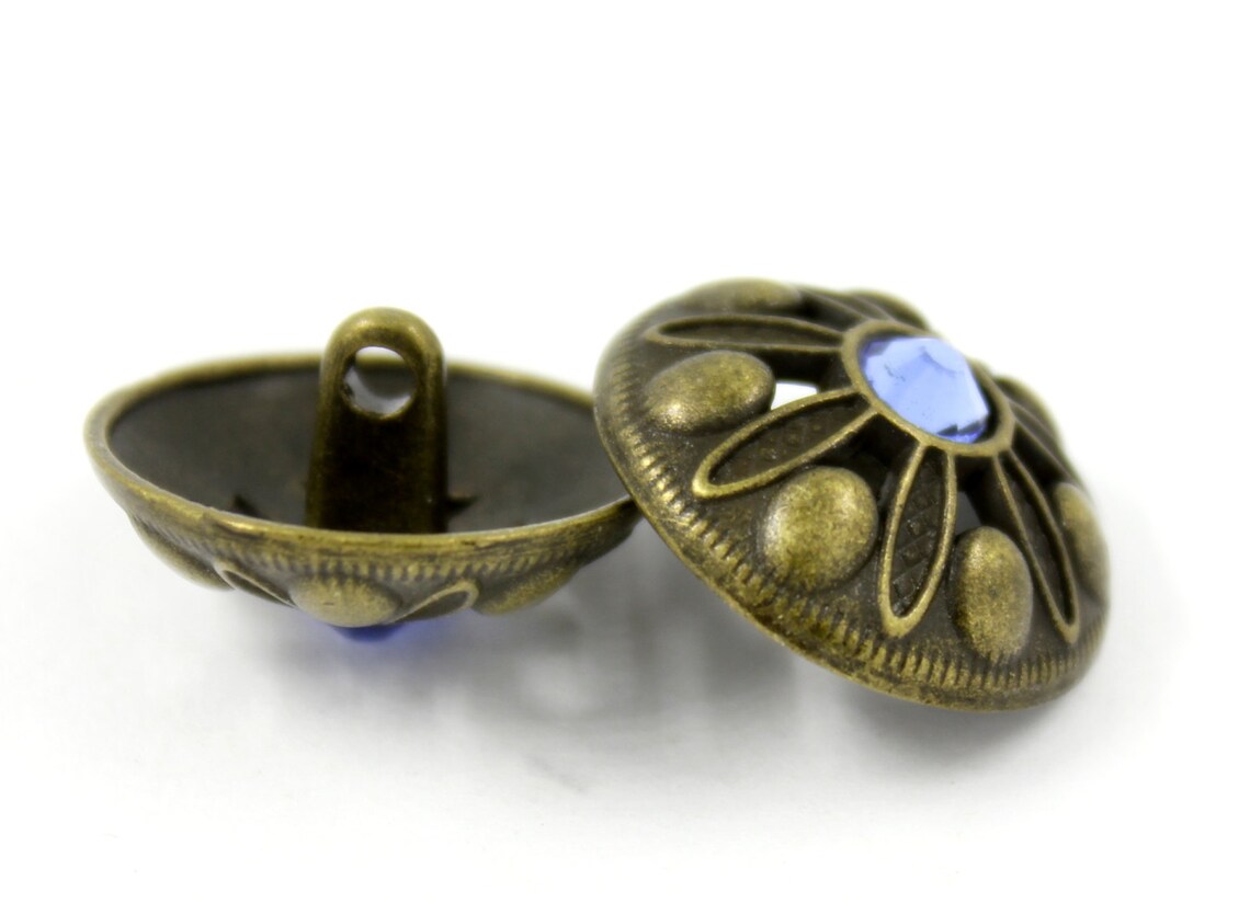 Metal Buttons - Blue Crystal Antique Brass Domed Flower Openwork Metal ...
