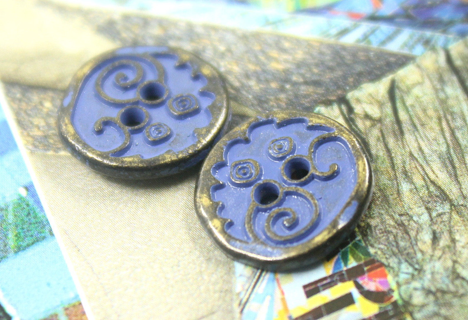 Metal Buttons - Swirls Metal Buttons , Copper Blue Color , 2 Holes , 0. ...