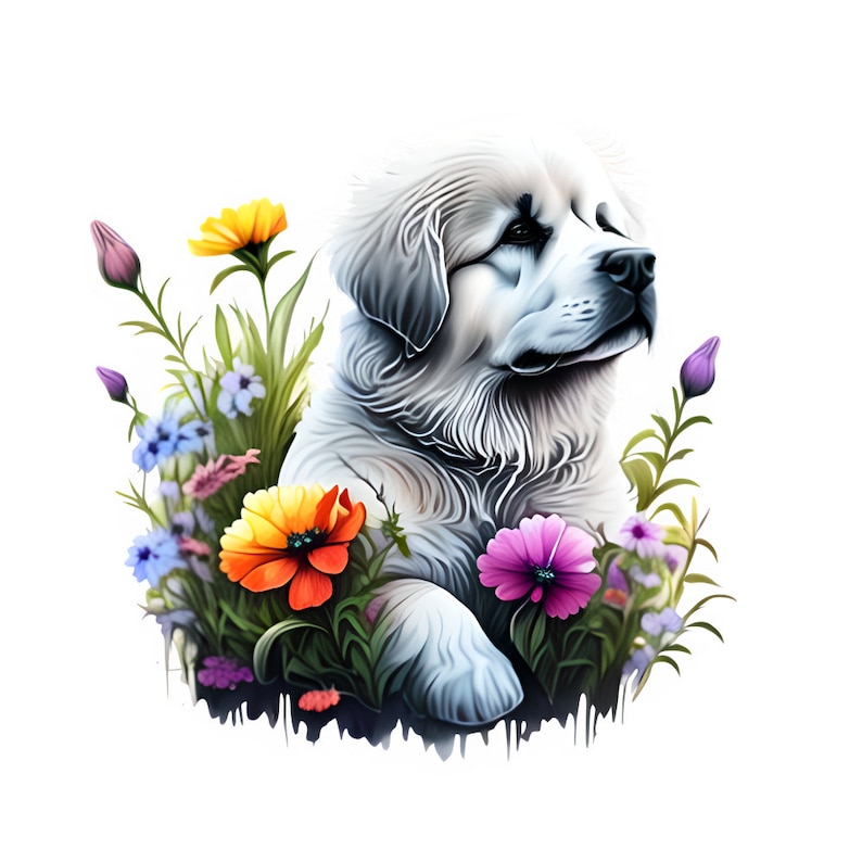 Great Pyrenees Puppy in Flower Bed High-res PNG Transparent Background ...