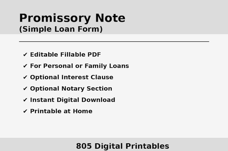 Promissory Note Template | Simple Loan Agreement | Editable PDF | Personal Loan Contract ...