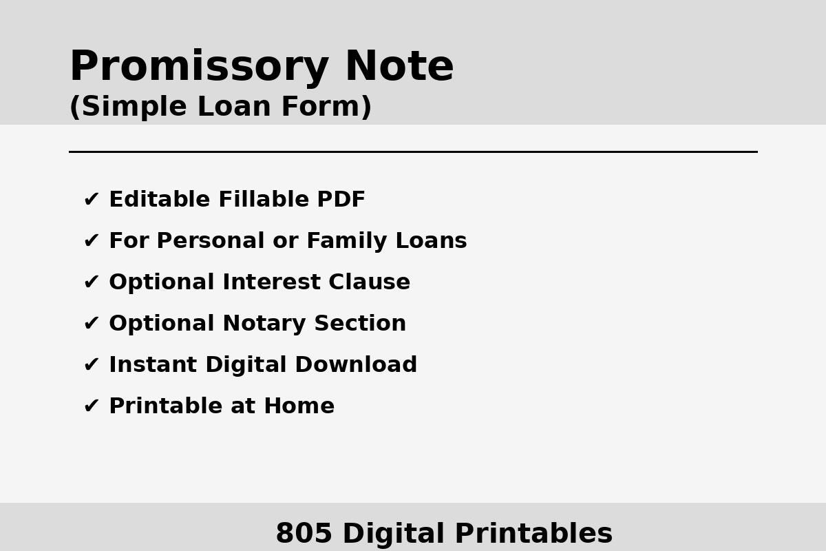Promissory Note Template | Simple Loan Agreement | Editable PDF ...