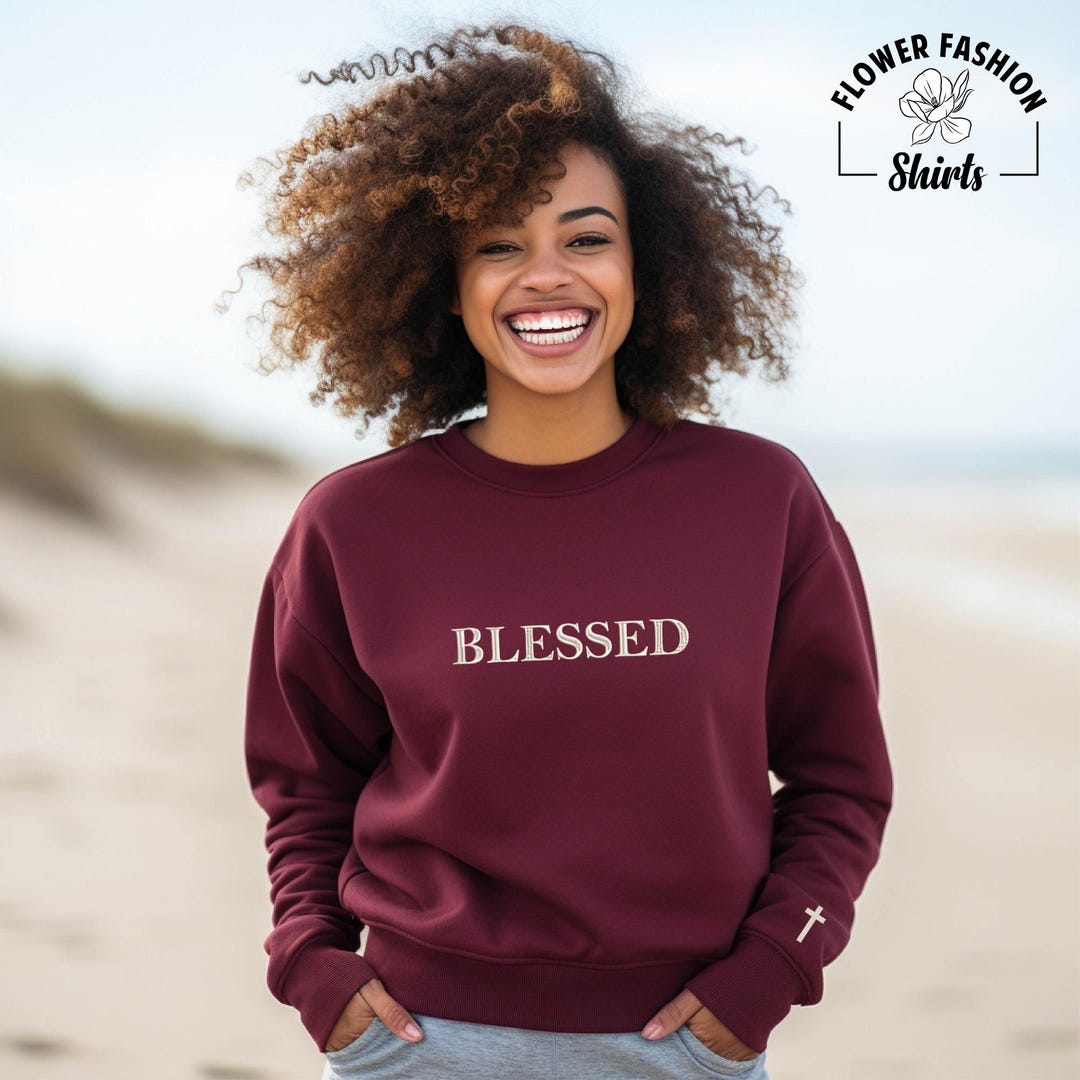Embroidered Blessed Sweatshirt,cross on the Sleeve,cute Cozy Crewneck ...