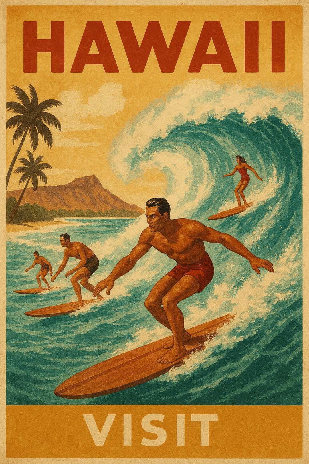 Vintage Hawaii Surfing Poster | Hawaii Travel Poster | Vintage Hawaii ...