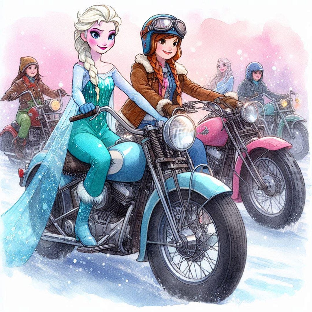 Elsa and Anna Riding Motorcycles | Funny Poster in Watercolor Style ...