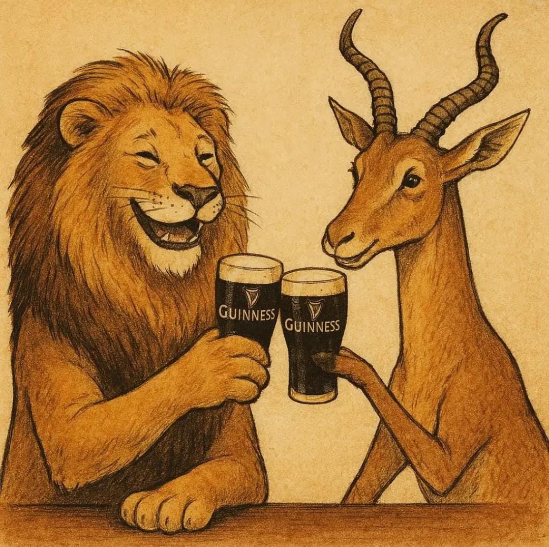 Lion and Antiloop Drinking Guinness Together | Guinness Poster | Funny ...