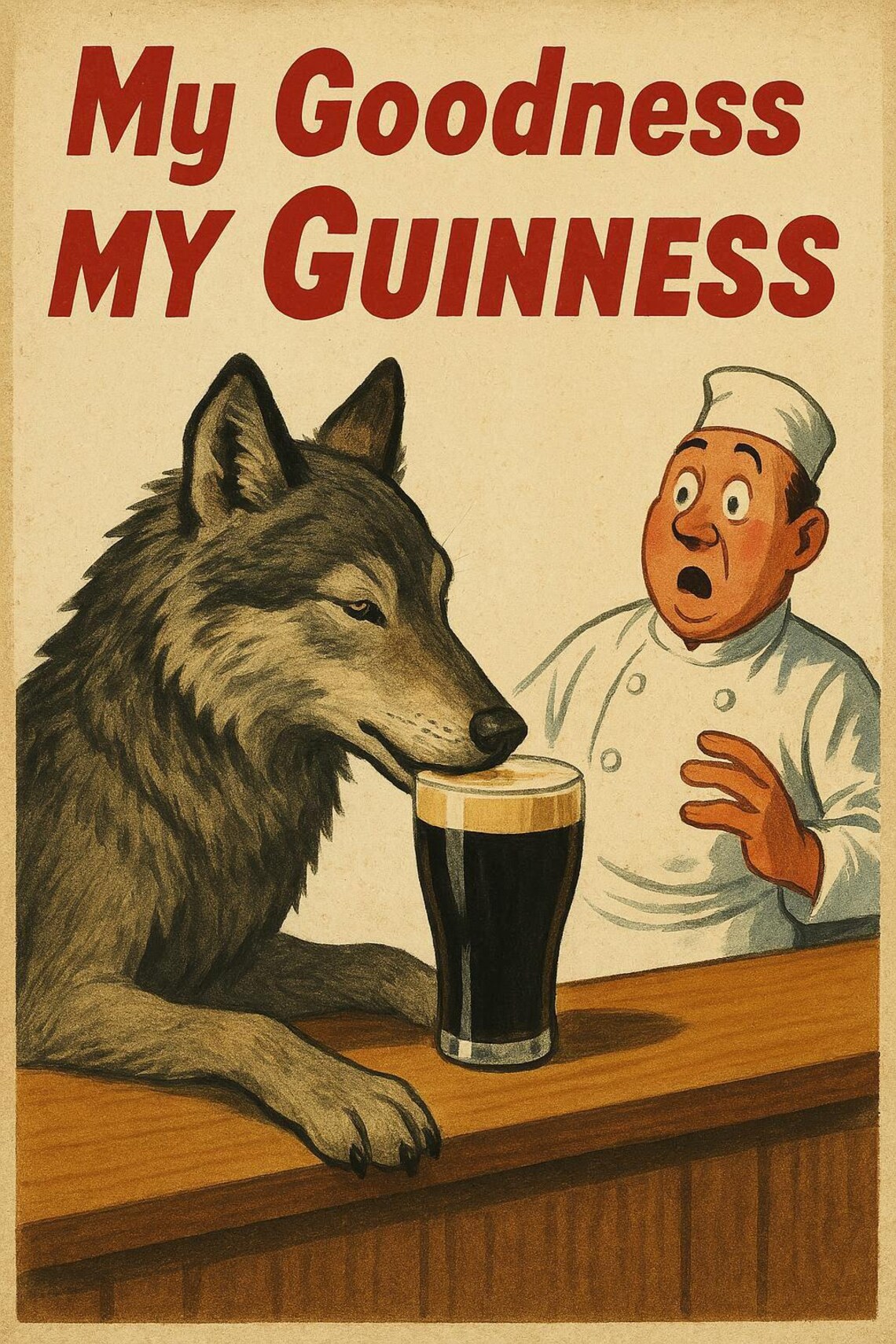 Wolf Drinking Guinness | Guinness Poster | Funny Vintage Guinness Ad ...