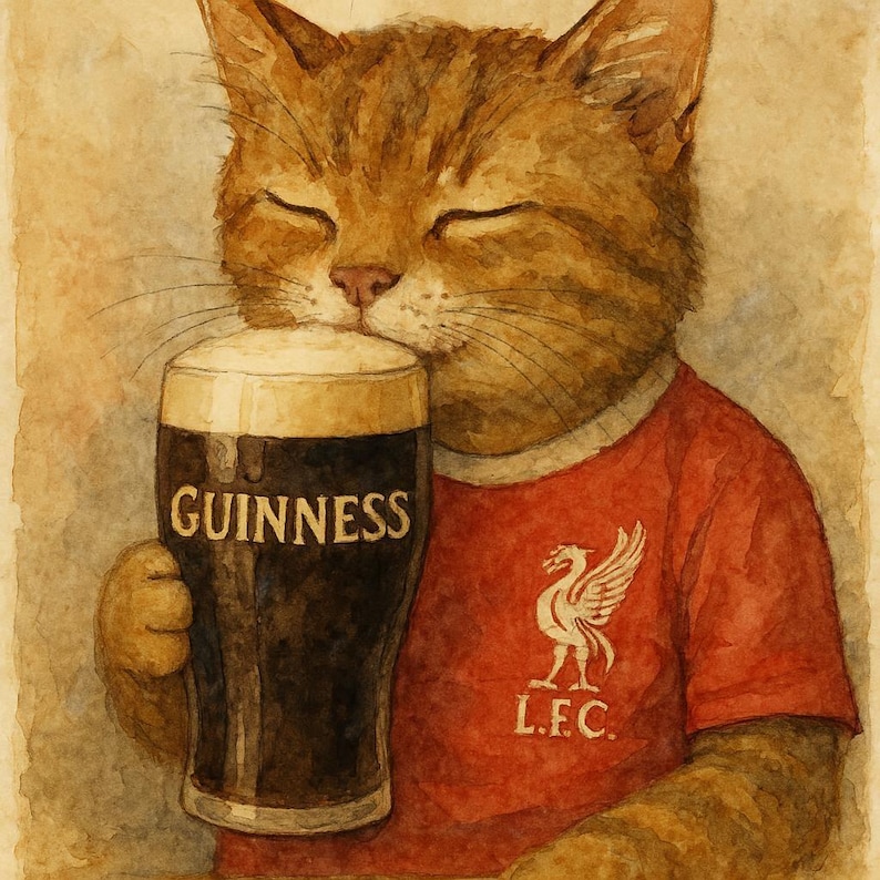 Liverpool FC Fan Cat Drinking Guinness | Guinness Football Poster | Funny Guinness Ad Poster ...