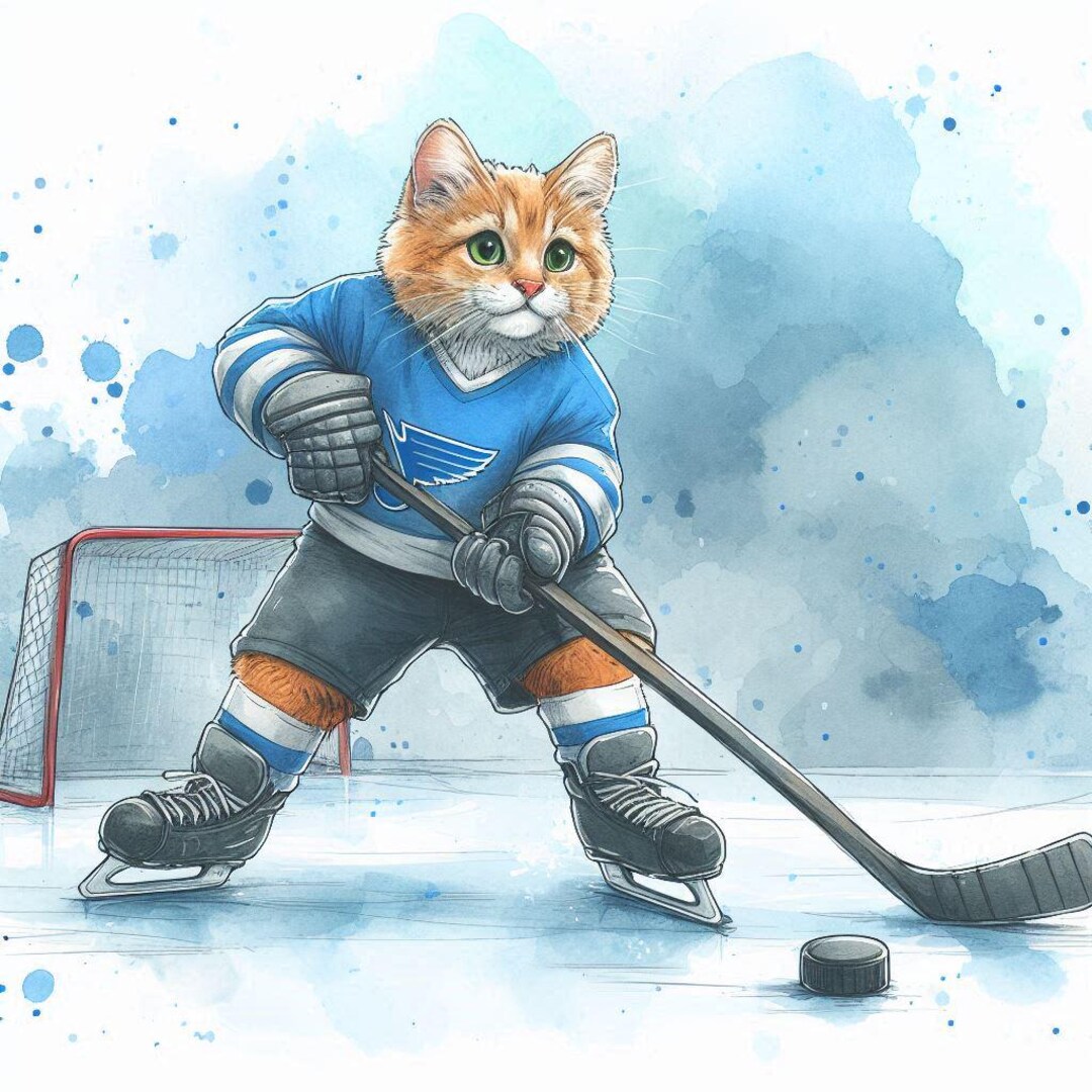 Cool Ginger Cat Playing Hockey | Funny Poster in Watercolor Style ...