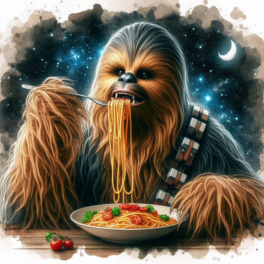 Chewbacca Eating Spaghetti Poster | Funny Poster in Watercolor Style ...