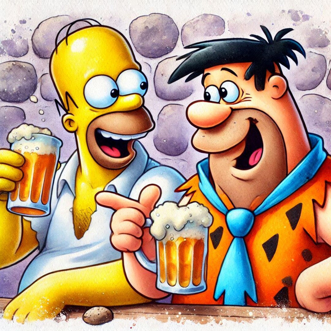 Homer Simpson and Fred Flintstone Drinking Beer - Funny Bar Poster ...