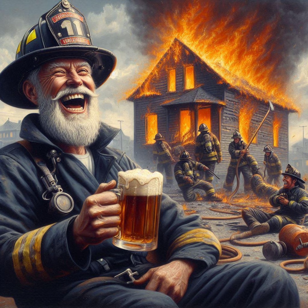 Laughing Firefighter Drinks Beer | Funny Poster | Funny Wall Art ...