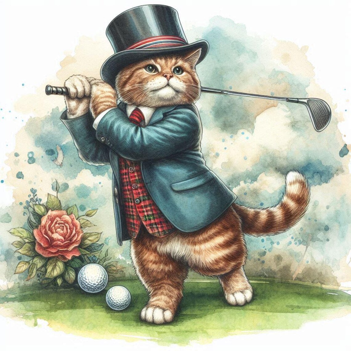 Vintage Cat Playing Golf | Funny Poster in Watercolor Style | Funny ...
