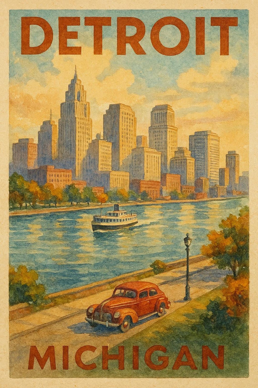 Vintage Detroit Poster | Vintage Travel Poster | Retro Wall Art ...