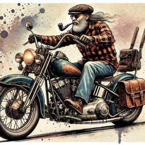 Old School Rocker Riding A Vintage Motorcycle | Poster in Watercolor ...