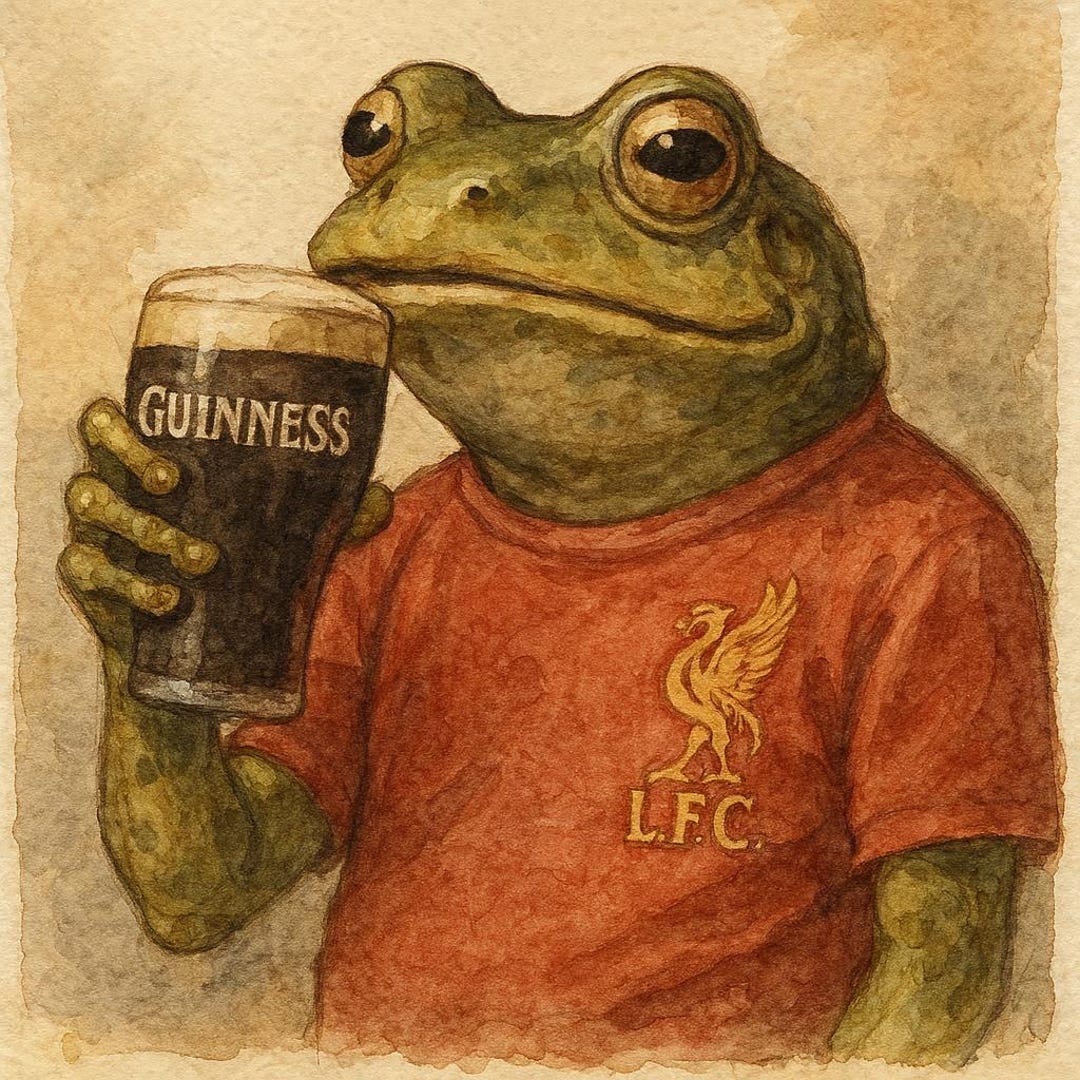 Liverpool FC Fan Frog Drinking Guinness | Guinness Poster | Funny ...