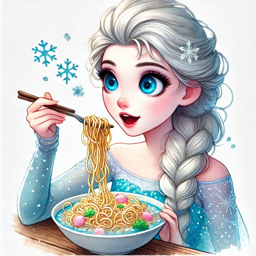 Frozen - Elsa Eats Noodles | Funny Poster in Watercolor Style | Museum ...
