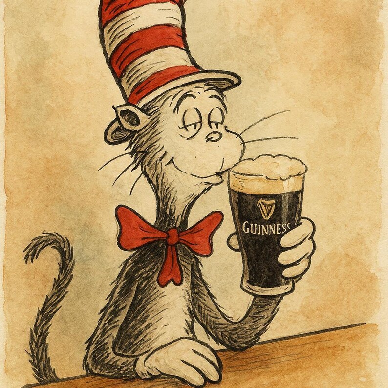 The Cat in the Hat Drinking Guinness - Dr Seuss Poster | Guinness Bar ...