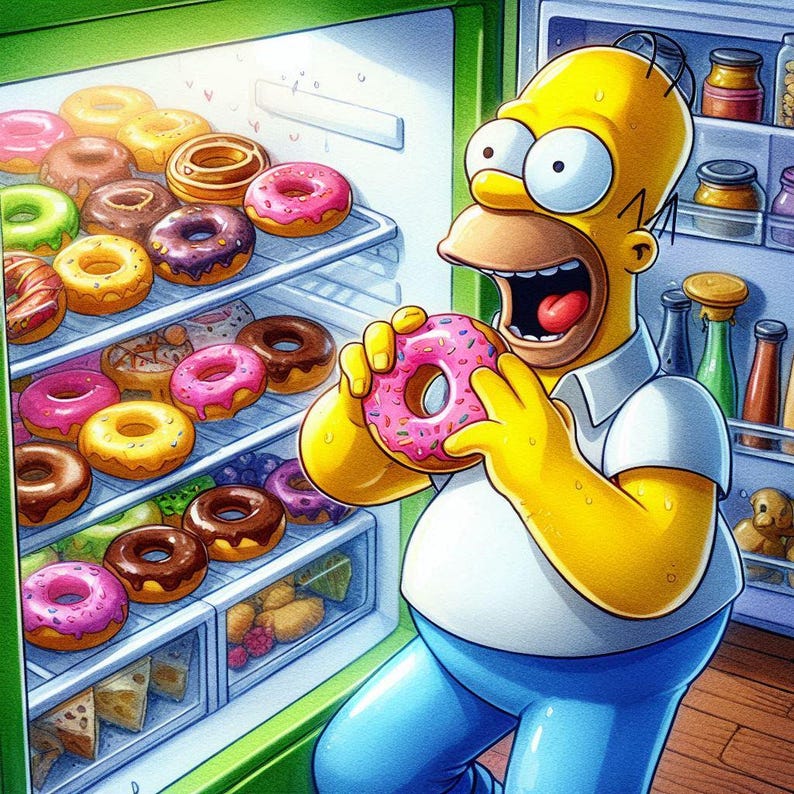 Homer Simpson Finds Donuts in the Fridge! | Funny Poster in Watercolor ...