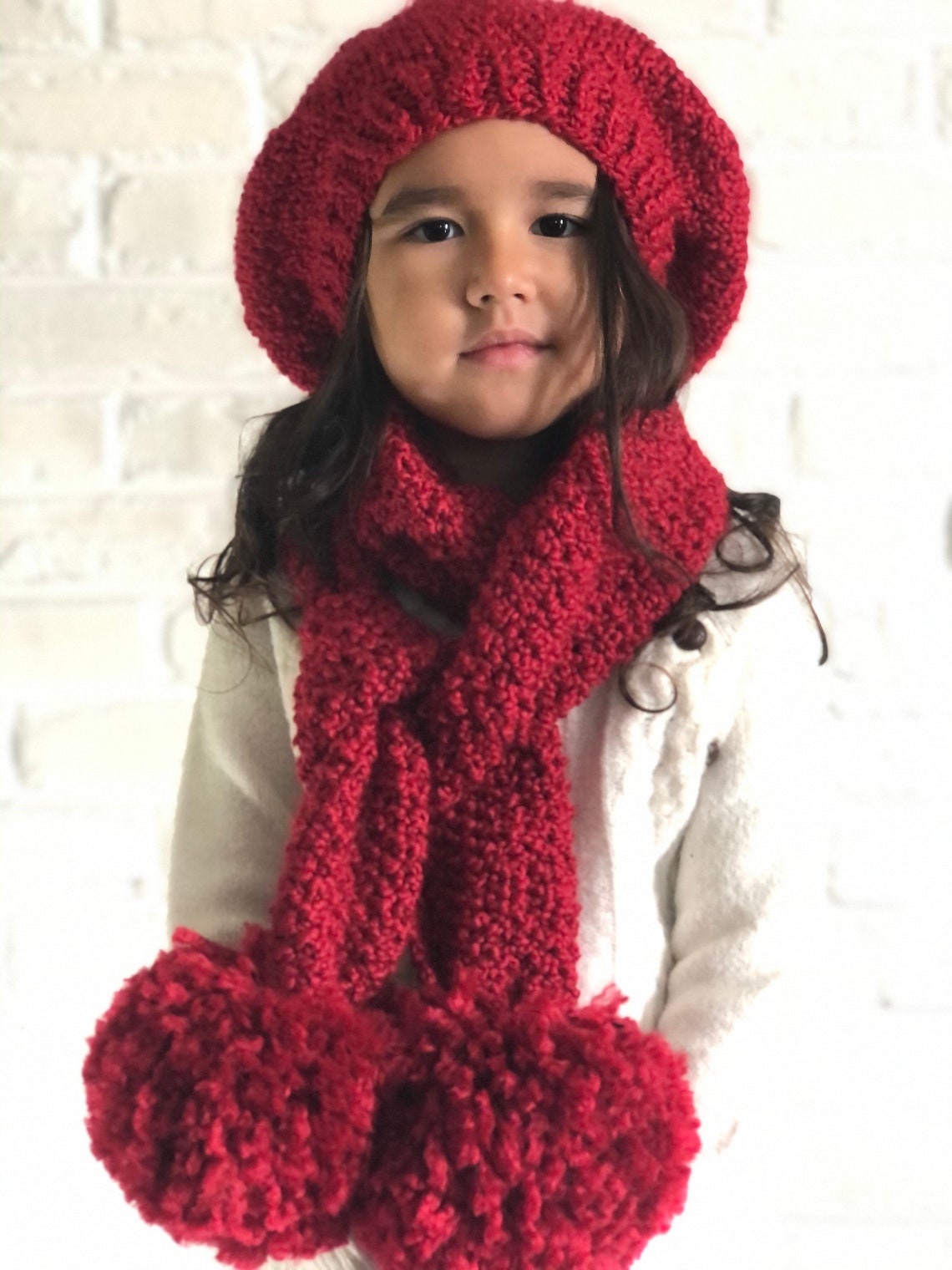 Little Girls Scarf With Oversized Pom Poms Ruby Red Scarf for - Etsy