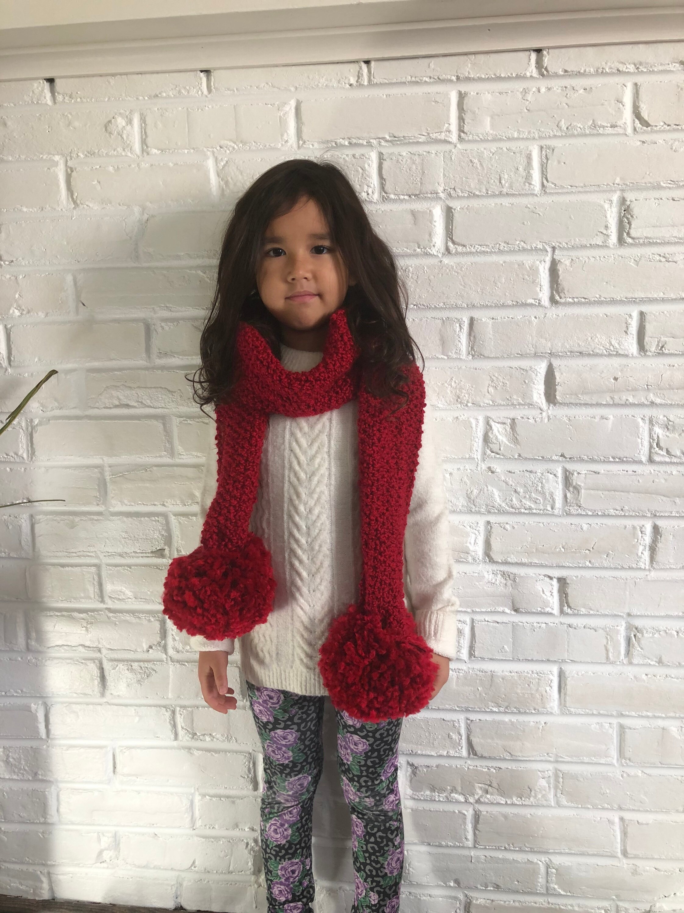 Little Girls Scarf With Oversized Pom Poms Ruby Red Scarf for - Etsy