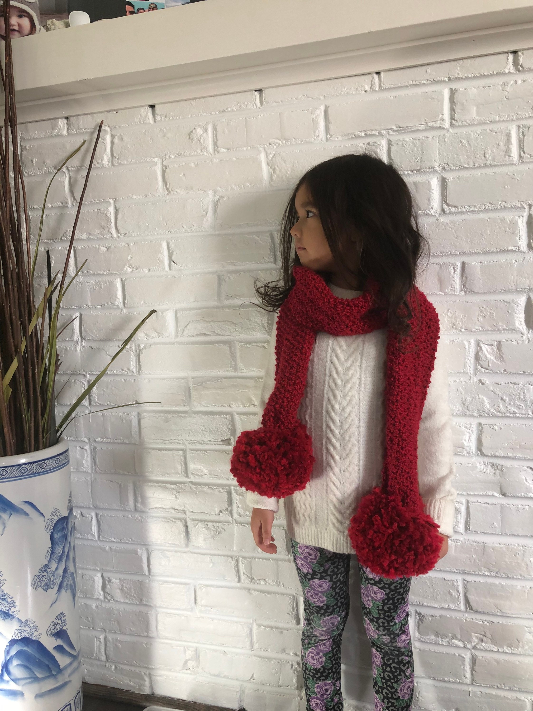 Little Girls Scarf With Oversized Pom Poms Ruby Red Scarf for - Etsy