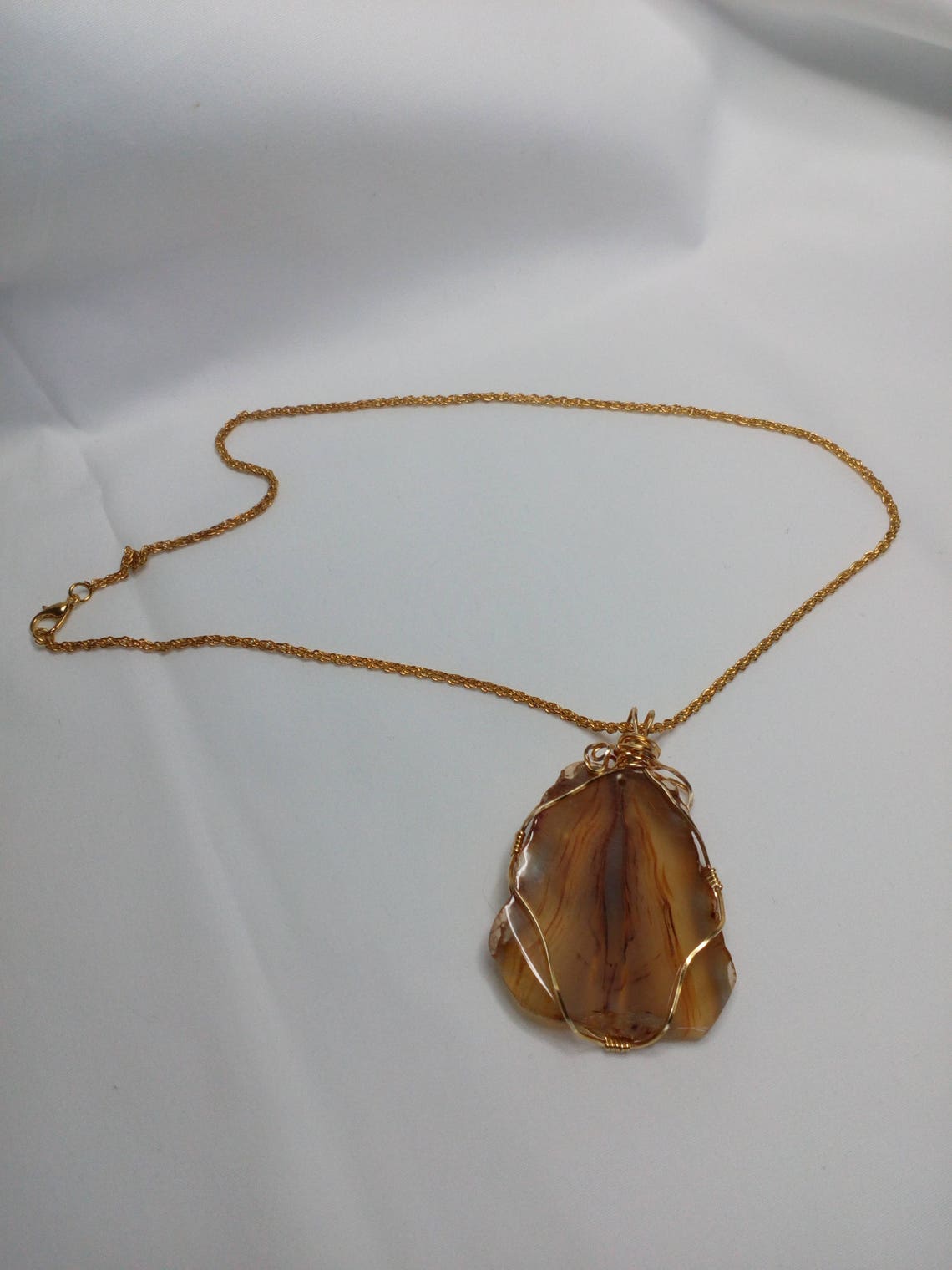 Wire Wrapped Sliced Agate Pendant With 18 Inch Brass Chain, 2 Inch ...