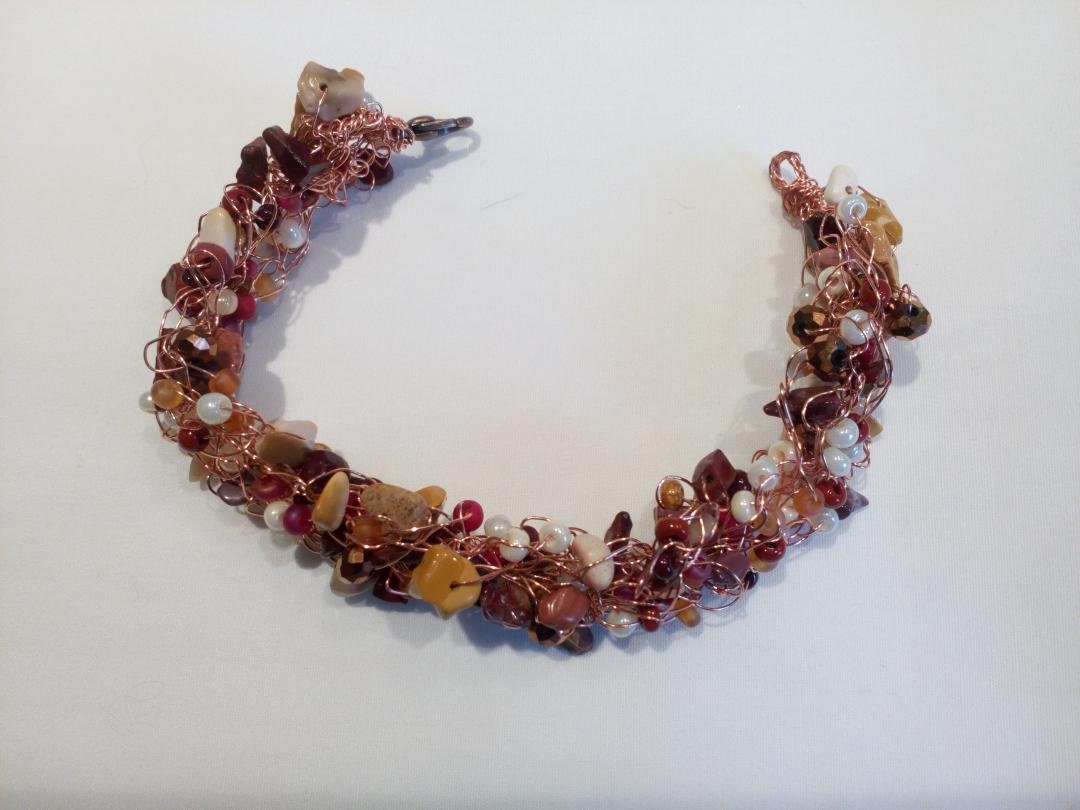 Copper Wire Crochet Bracelet, Bead Chips and Pearls, Wire Bracelet ...