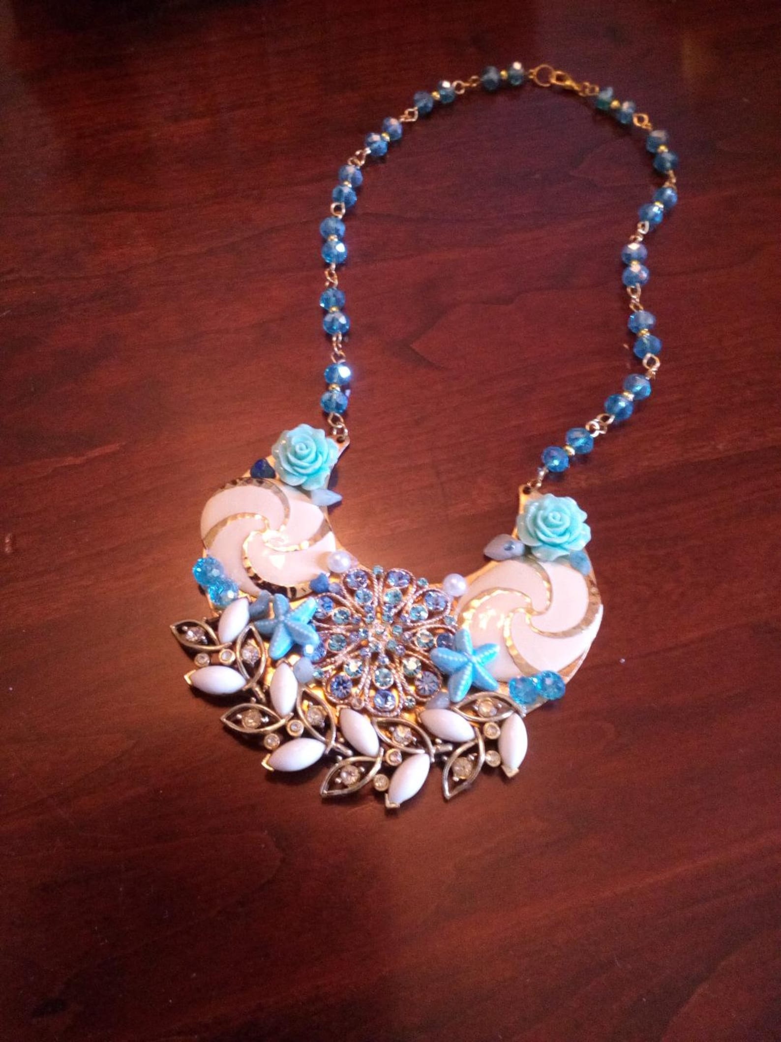 Blue Statement Necklace, Recycled Vintage Jewelry, 18 Inches Long Blue ...