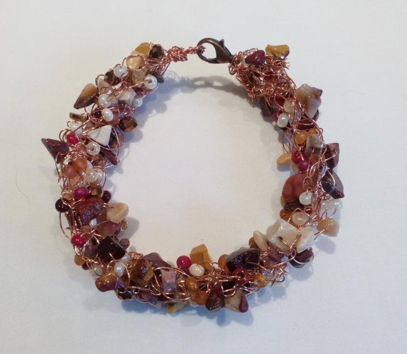 Copper Wire Crochet Bracelet, Bead Chips and Pearls, Wire Bracelet ...