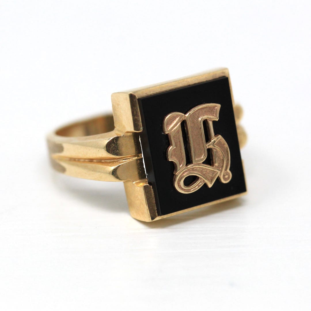 Letter h Ring Retro 10k Yellow Gold Genuine Onyx Old English Initial ...