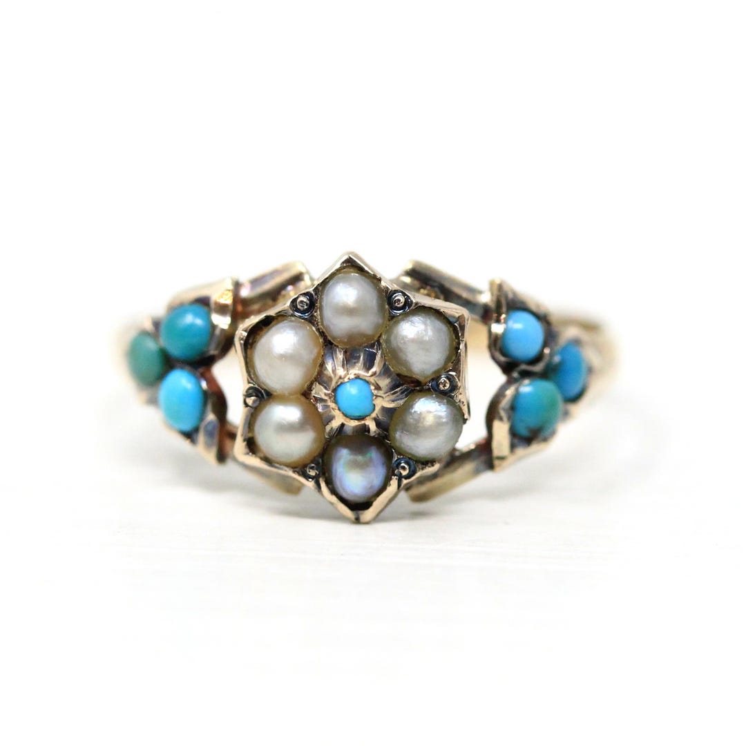 Antique Flower Ring - Victorian 10k Yellow Gold Turquoise and Pearl ...