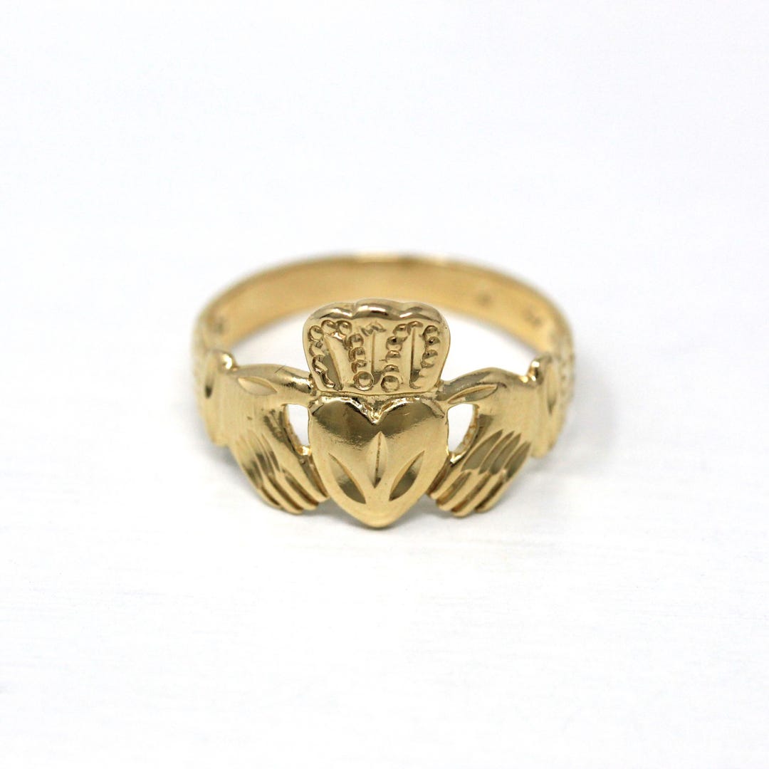 Estate Claddagh Ring - Modern 14k Yellow Gold Heart Clasped Hand Crown ...