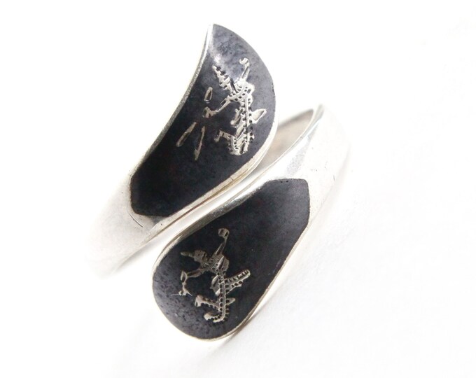 Vintage Sterling Silver Siam Ring - Adjustable Black Gray Enamel Thai ...