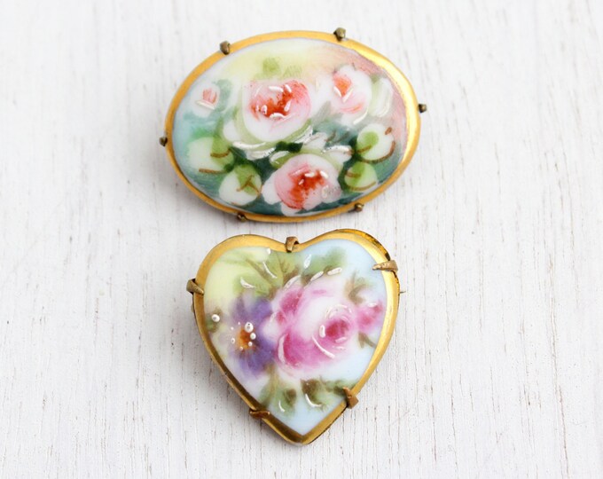 Antique Victorian Porcelain Flower Brooch Lot - 2 Edwardian Pink Rose ...