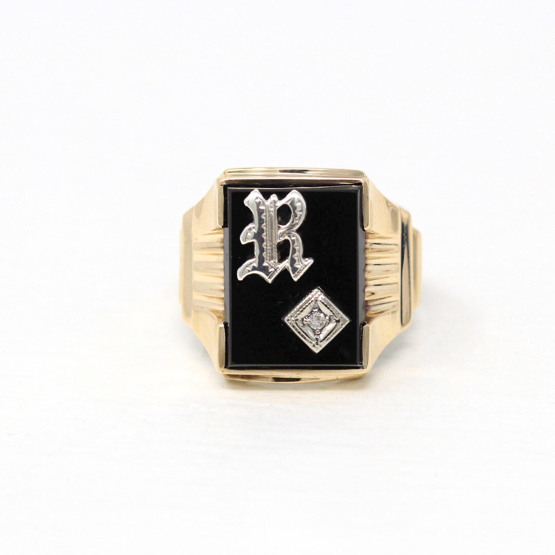 Letter "r" Ring - Retro 10k Yellow Gold Genuine Diamond & Onyx Old ...