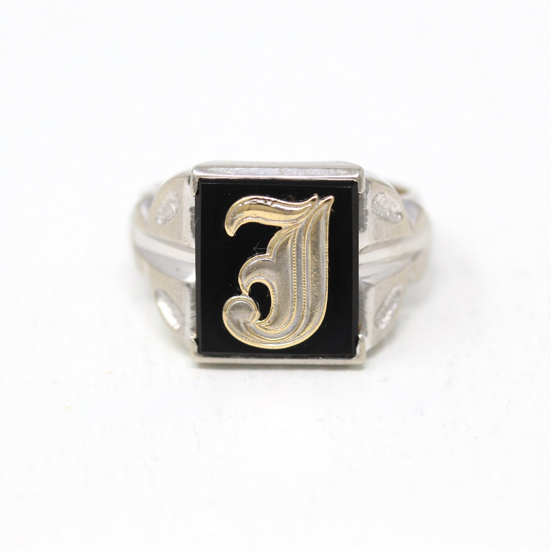 Letter J Ring Mid Century 10k White Gold Genuine Onyx Old English ...