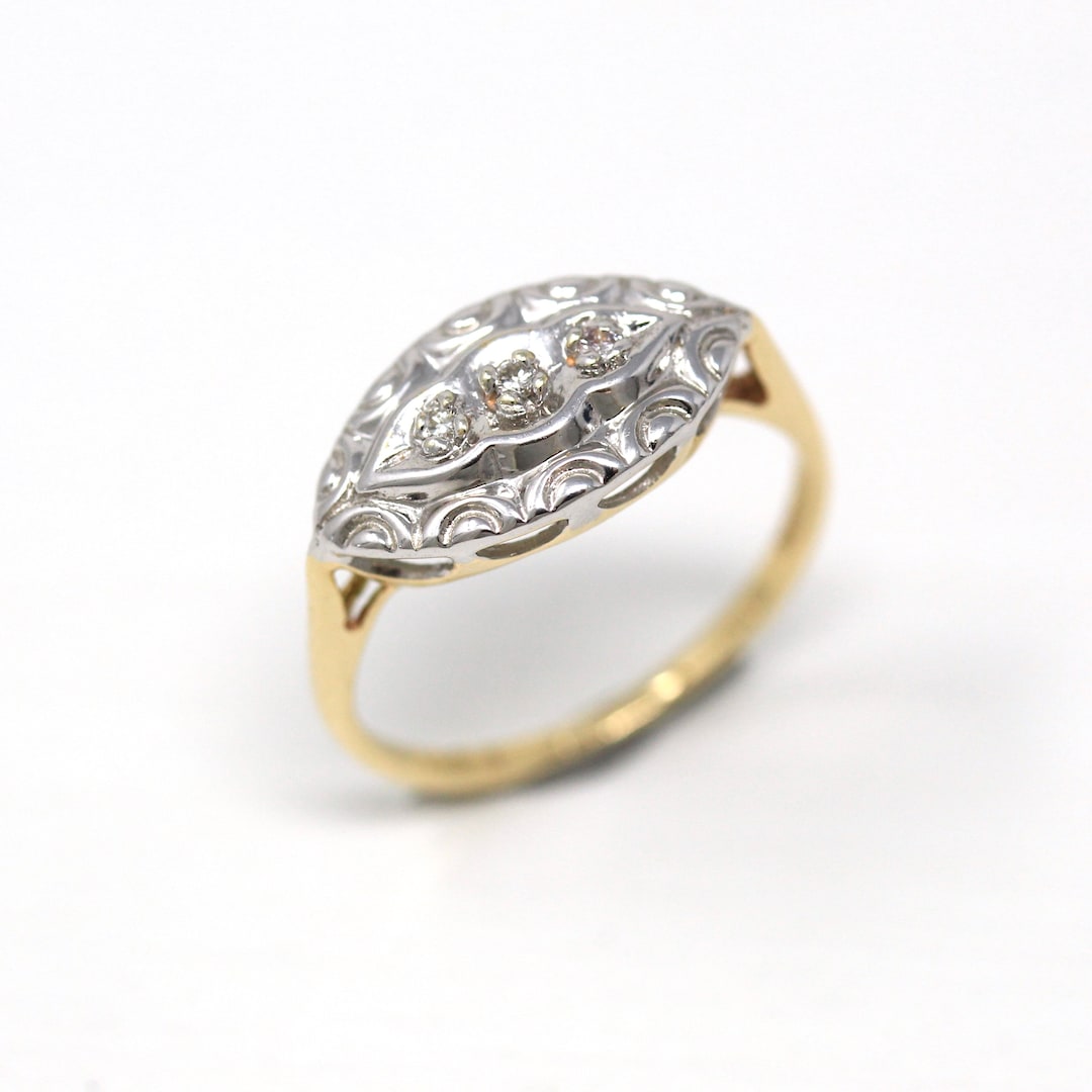 Vintage Princess Ring Retro 10k Yellow & White Gold Genuine Diamonds ...