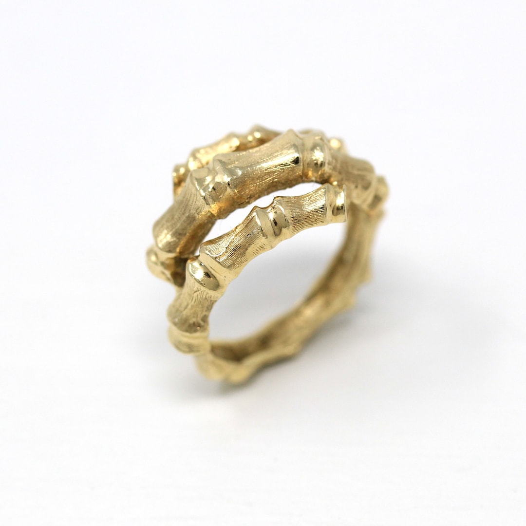 Bamboo Design Ring Vintage 14k Yellow Gold Statement Plant Band Retro 1970s Size 4 3/4 Nature ...