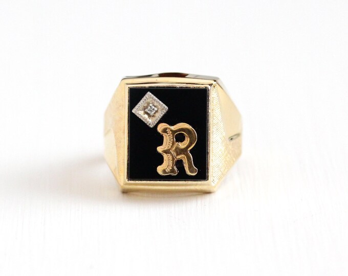 Vintage Gold Washed Sterling Silver Diamond & Black Onyx Letter R Ring ...