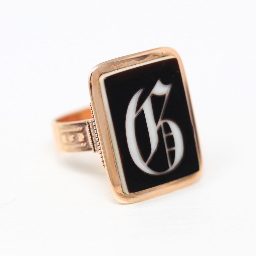 Letter g Ring Victorian 14k Rose Gold Genuine Black & White Onyx Old ...