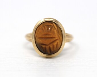 Vintage Scarab Ring Retro 10k Yellow Gold Genuine Carved Tiger's Eye ...